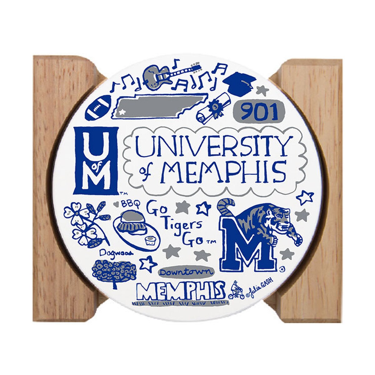 Memphis Tigers x Julia Gash 4 Pack Stone Coaster Set w/ Wood Holder ...